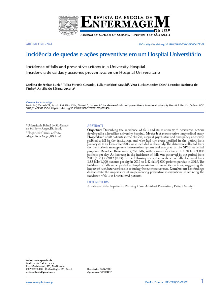 Quedas em Hospital Universitário: Incidência e Prevenção | PDF ...