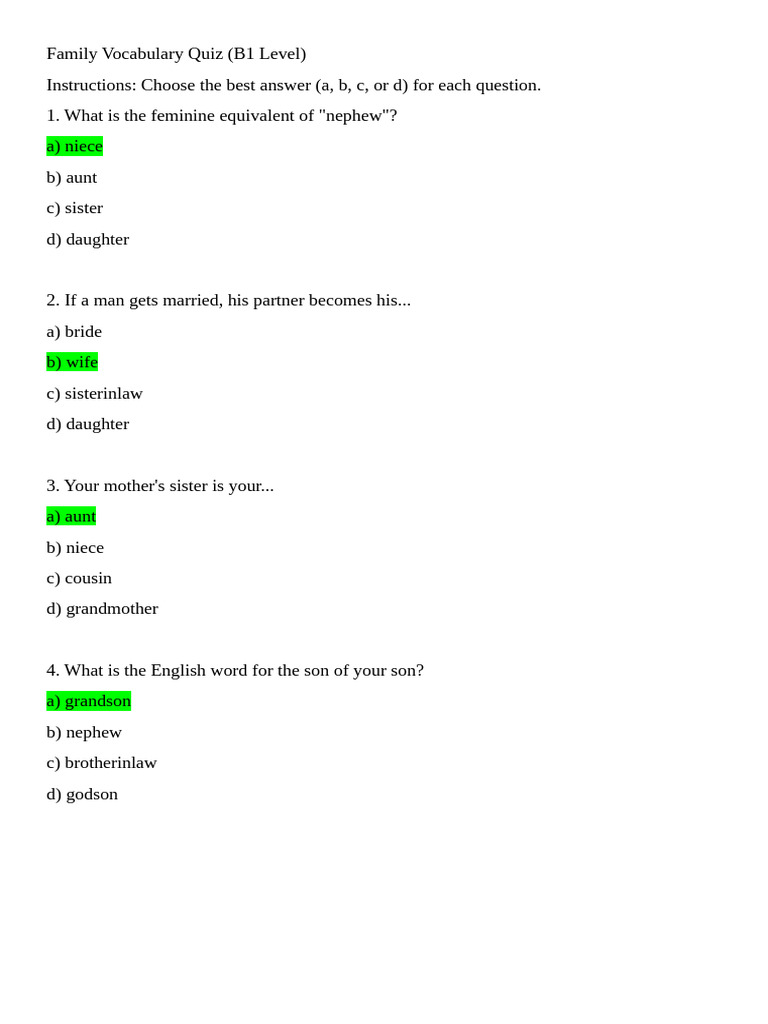 Family Vocabulary Quiz for B1 Level | PDF