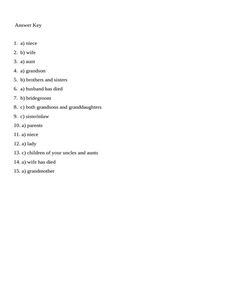 Family Vocabulary Quiz Answers | PDF