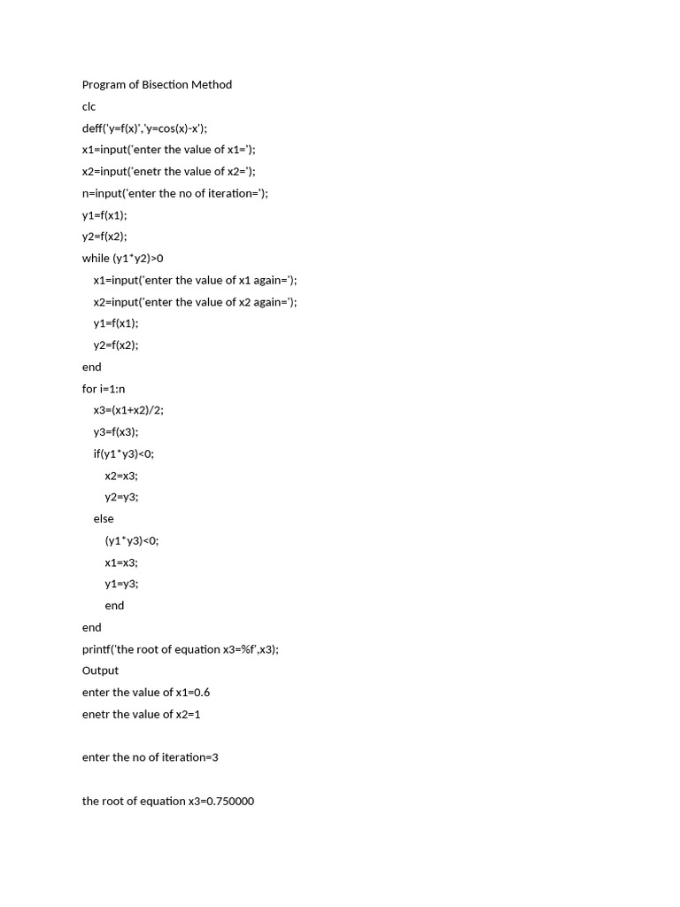 Program of Bisection Method | PDF | Matrix (Mathematics) | Linear Algebra