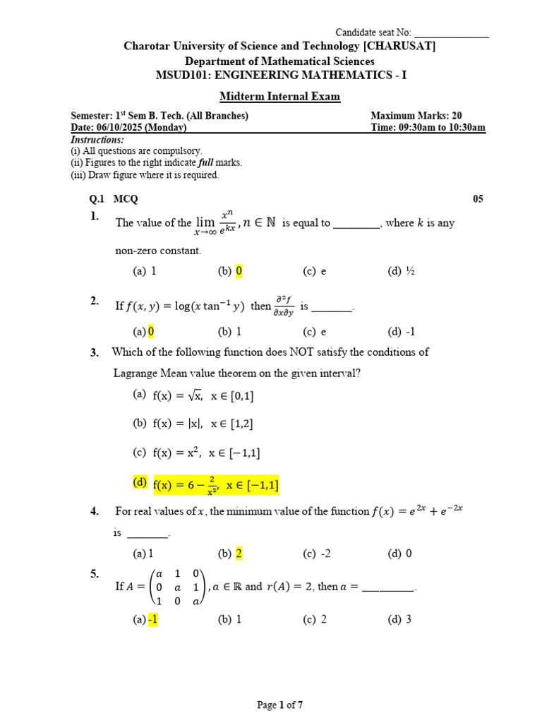 Midterm Solution 06 10 2025 | PDF | Algebra | Mathematical Concepts