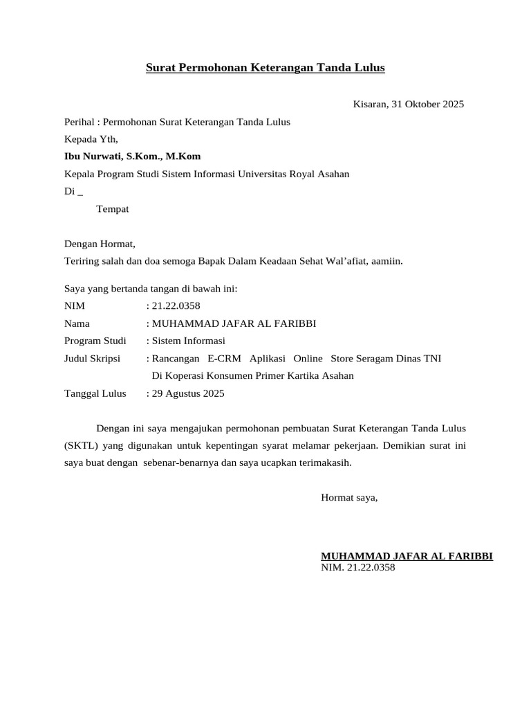Surat Permohonan Keterangan Tanda Lulus | PDF