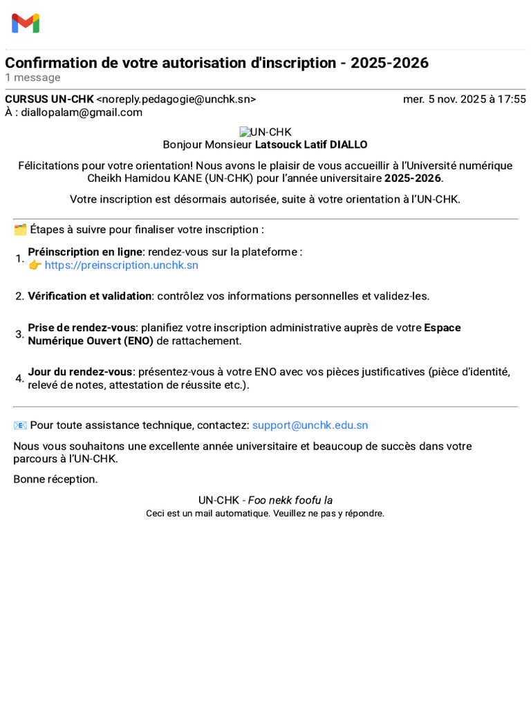Confirmation d'inscription UN-CHK 2025-2026 | PDF