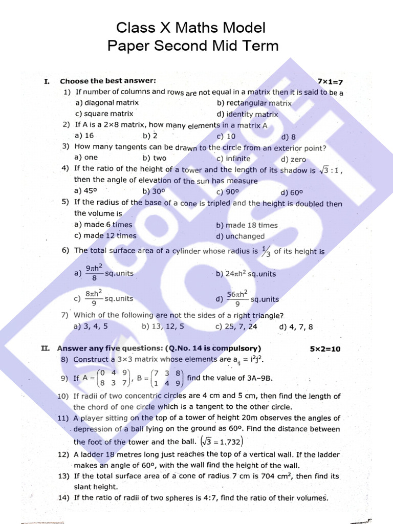 Class X Maths Mid Term Model Paper | PDF