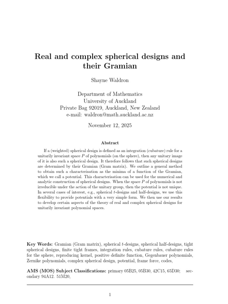 Real and Complex Spherical Designs and Their Gramian | PDF | Vector ...