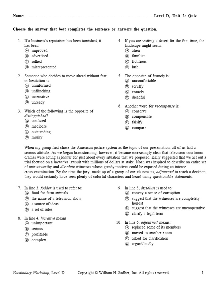 Level D Unit 2 Quiz | PDF