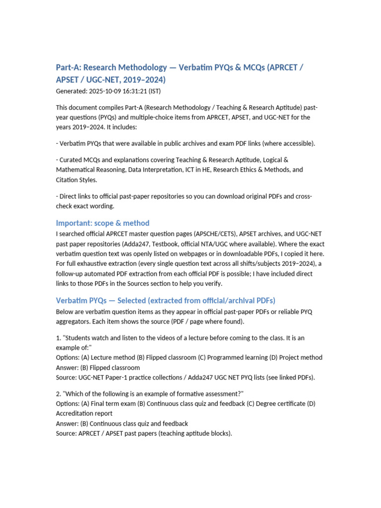 APRCET Research Methodology PYQs 2019-2024 | PDF | Educational ...