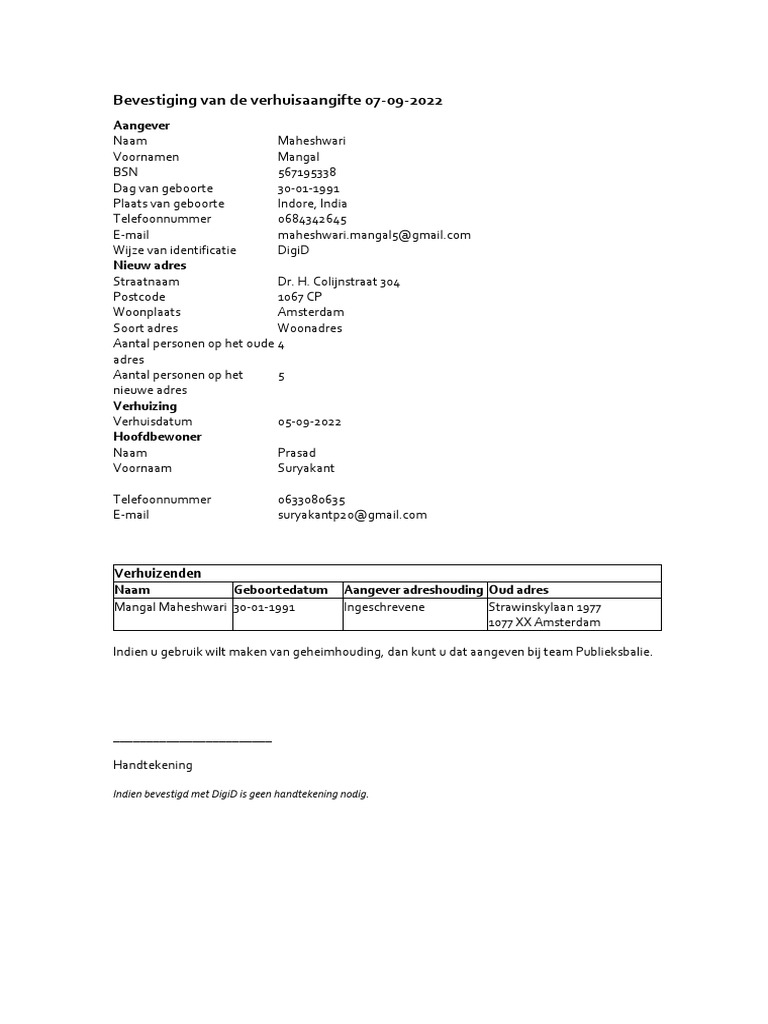 Bevestigingsdocument Verhuizing | PDF