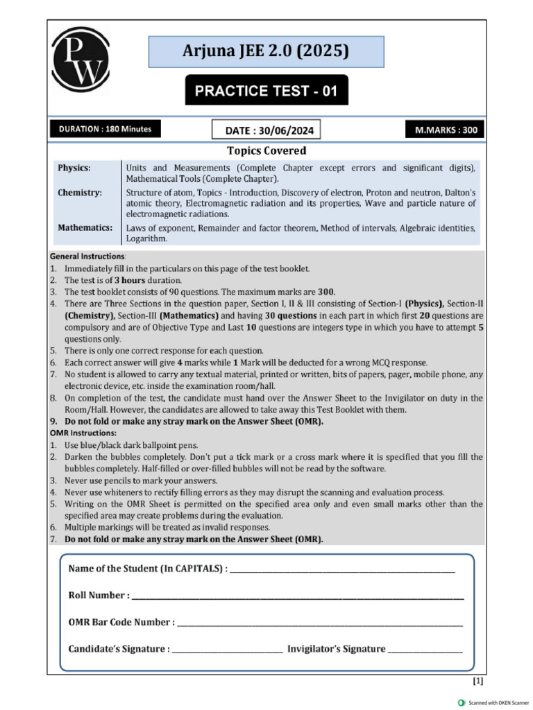 Practice Test 01 Structure of Atom | PDF