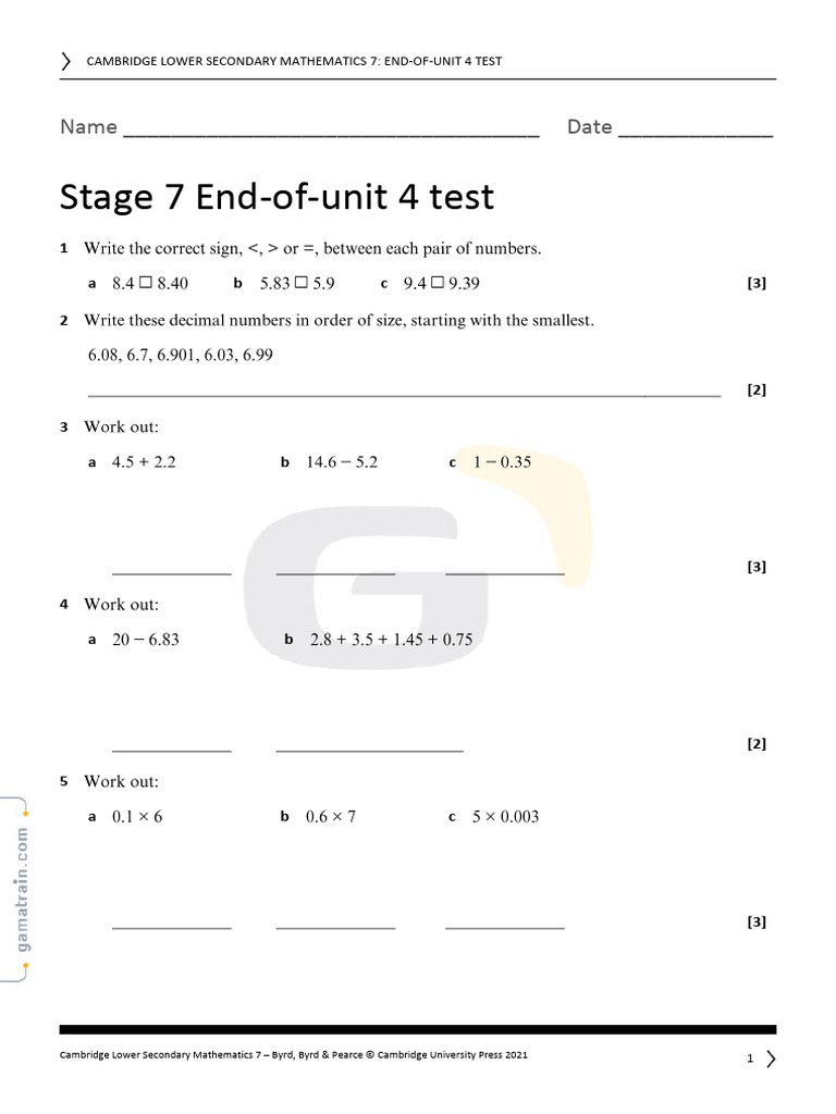 Cambridge Math 7 Unit 4 Test | PDF