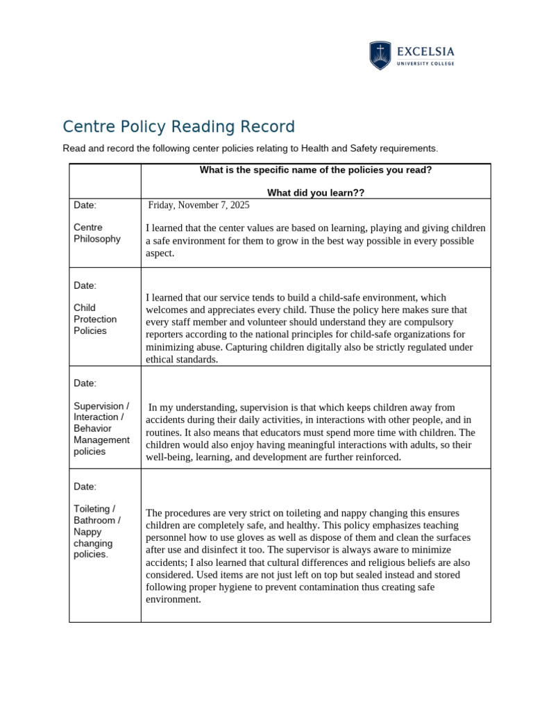 Centre Policy Reading Record | PDF | Safety | Learning