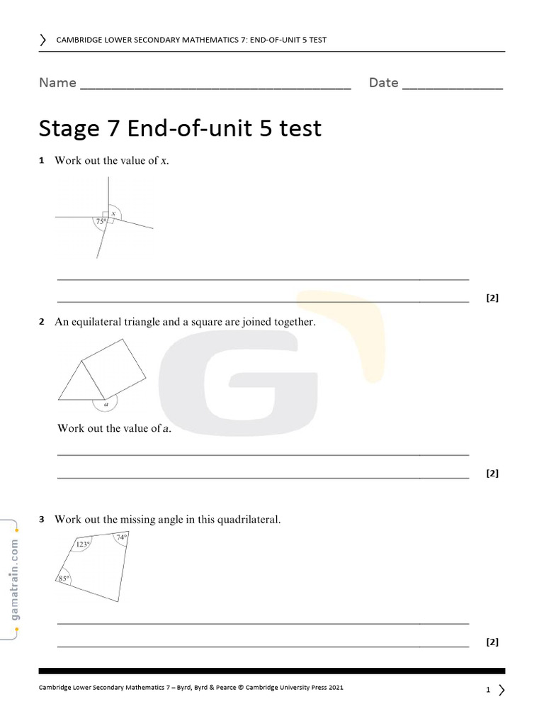 Cambridge Math 7 Unit 5 Test | PDF