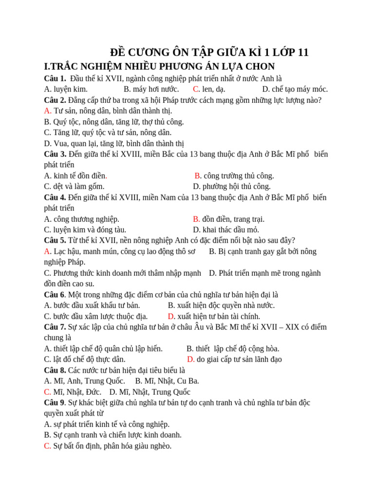 Đề Cương Ôn Tập Giữa Kì 1 Khối 11 Học Sinh | PDF