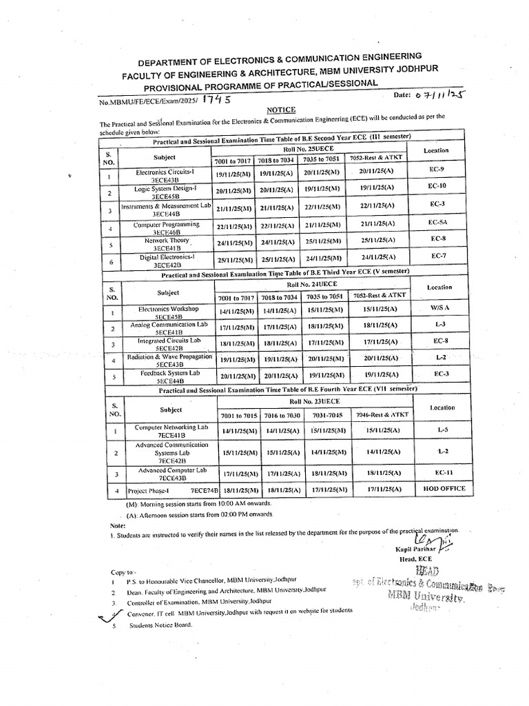 Practical Time Table Ece, Ecc, Eee 2025-26 Odd Sem | PDF