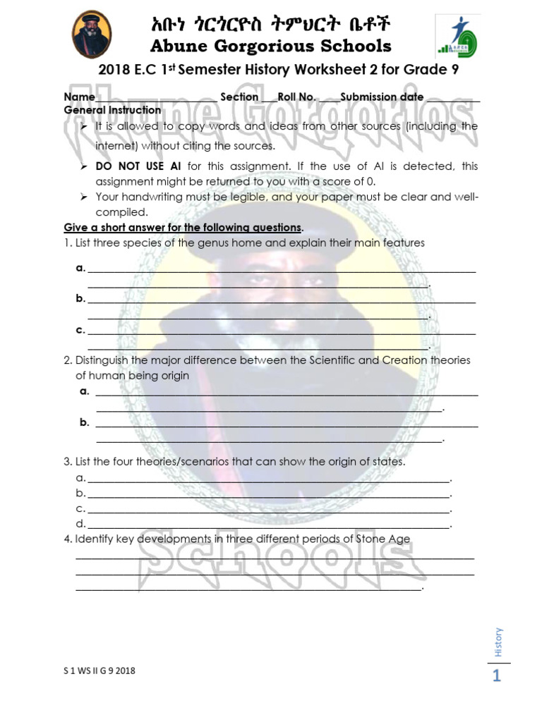 Grade 9 History Worksheet 2018 | PDF