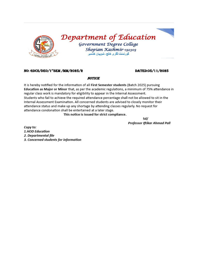 Notice 1st Sem Education | PDF