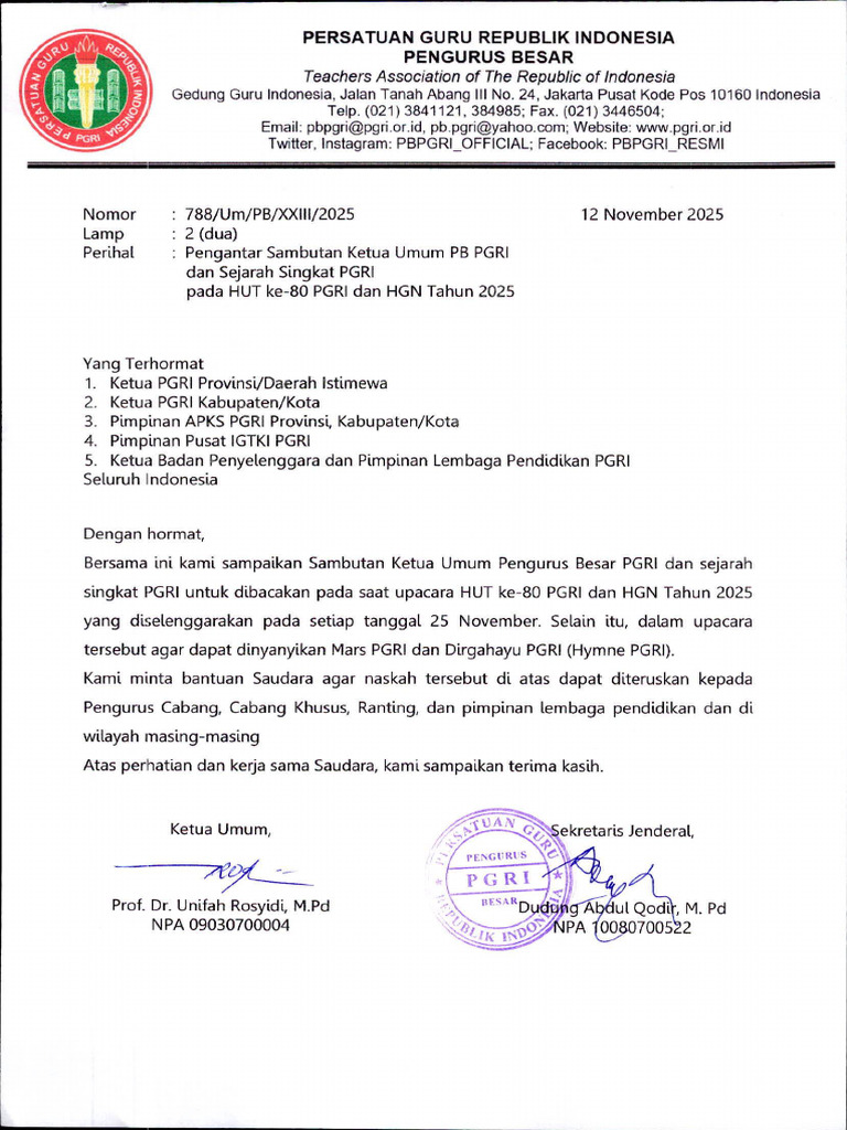 788 Pengantar Sambutan Ketua Umum PB PGRI Dan Sejarah Singkat PGRI Pada ...