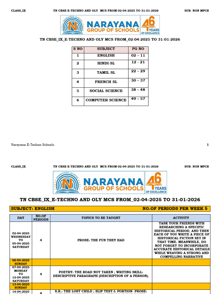 Class IX TN CBSE E-Techno Schedule | PDF