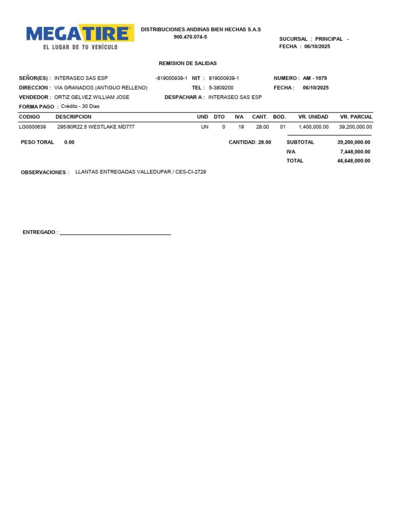 Remision Interaseo AM-1079 Valledupar CES-OCI-2729 | PDF