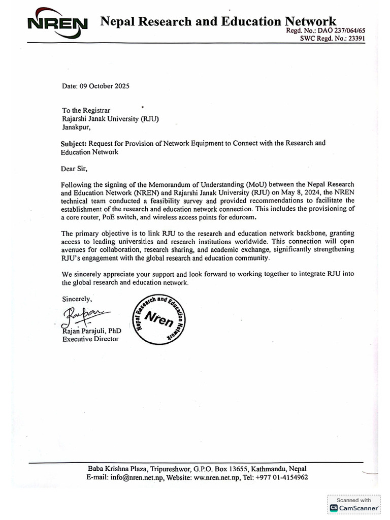 NREN Offical Letter To Rajarshi Janak University | PDF