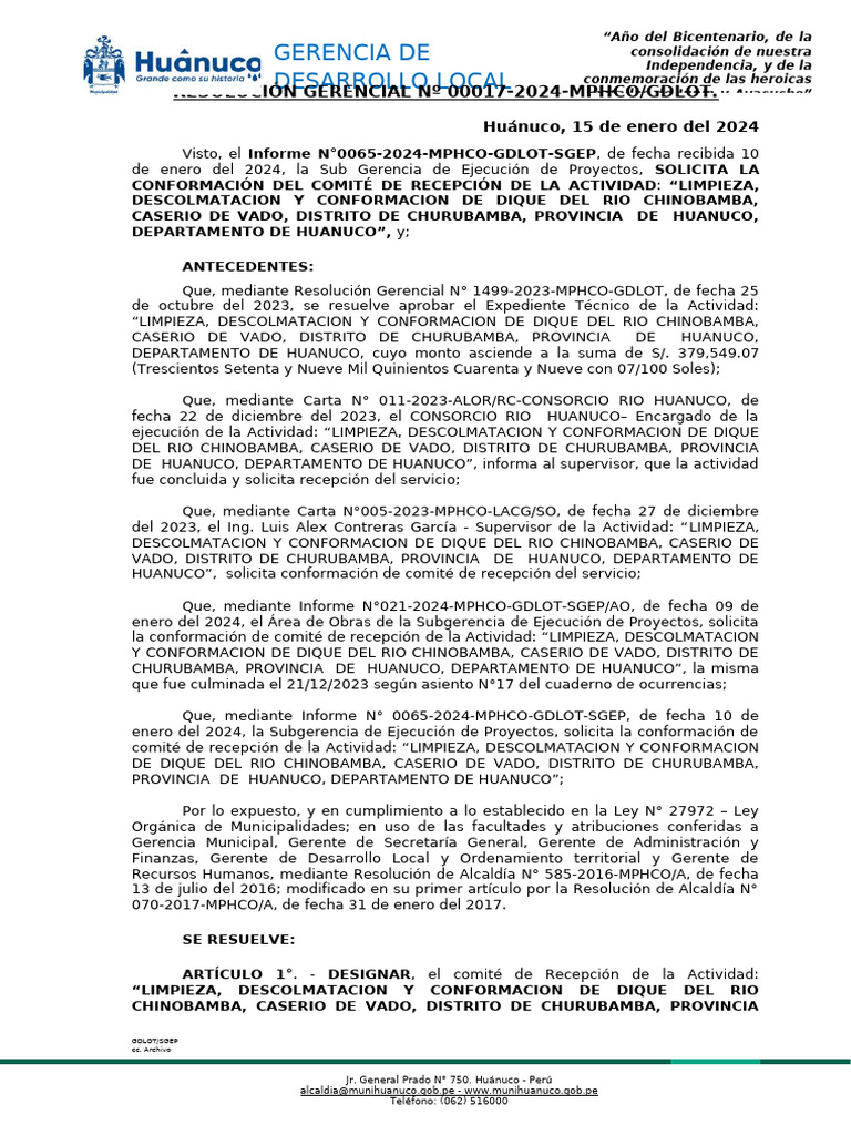 R. G. N°00017-15-01-20247 - COMITÉ RECEPCIÓN DE LA ACTIVIDAD LIMPIEZA ...
