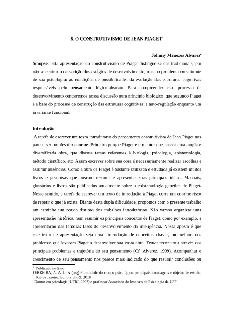 ALVAREZ, J. O Construtivismo de Jean Piaget (1) | PDF | Psicologia | Pensamento