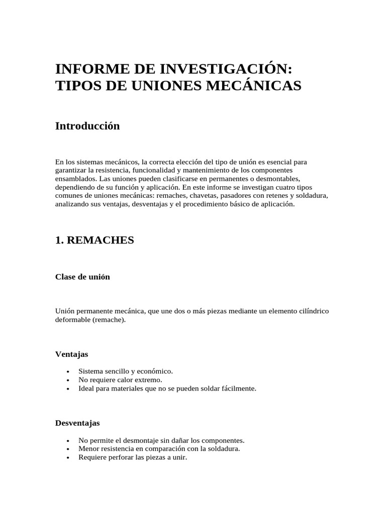 Tipos de Uniones Mecánicas: Guía Completa | PDF | Remache | Soldadura