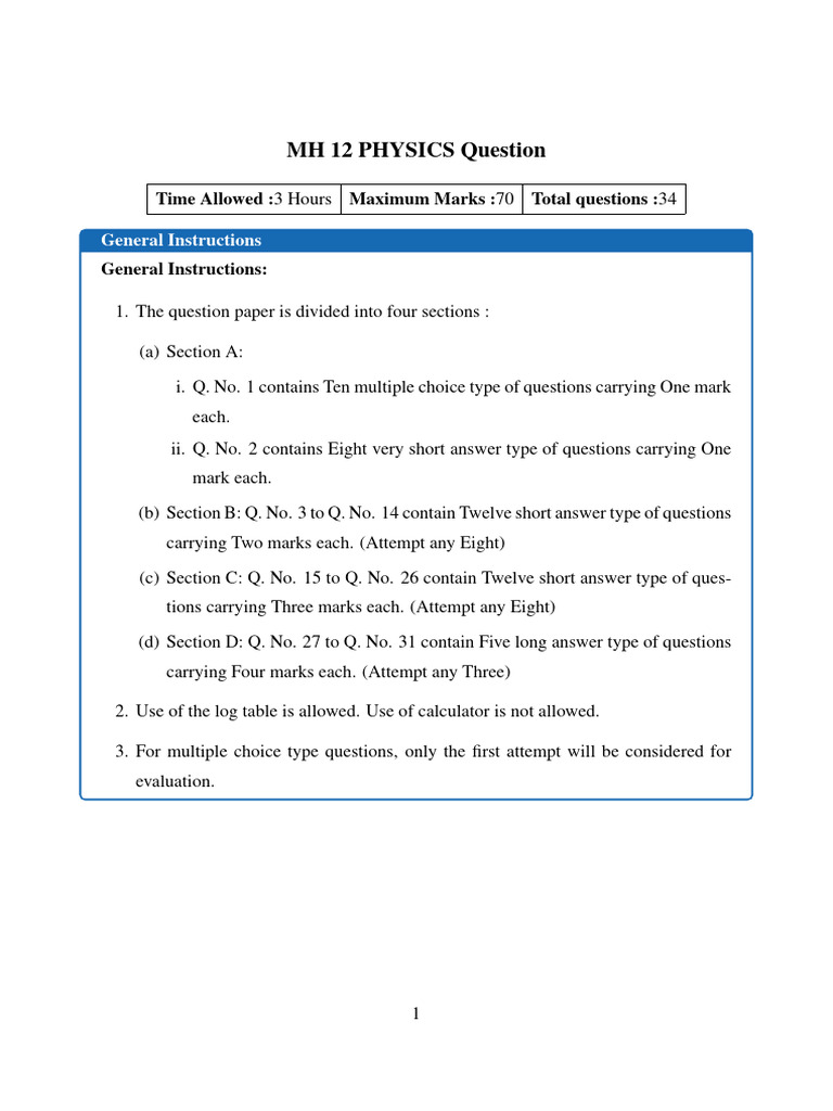 MH 12 PHYSICS Question and Solutions Copy Ques | PDF | Inductance ...