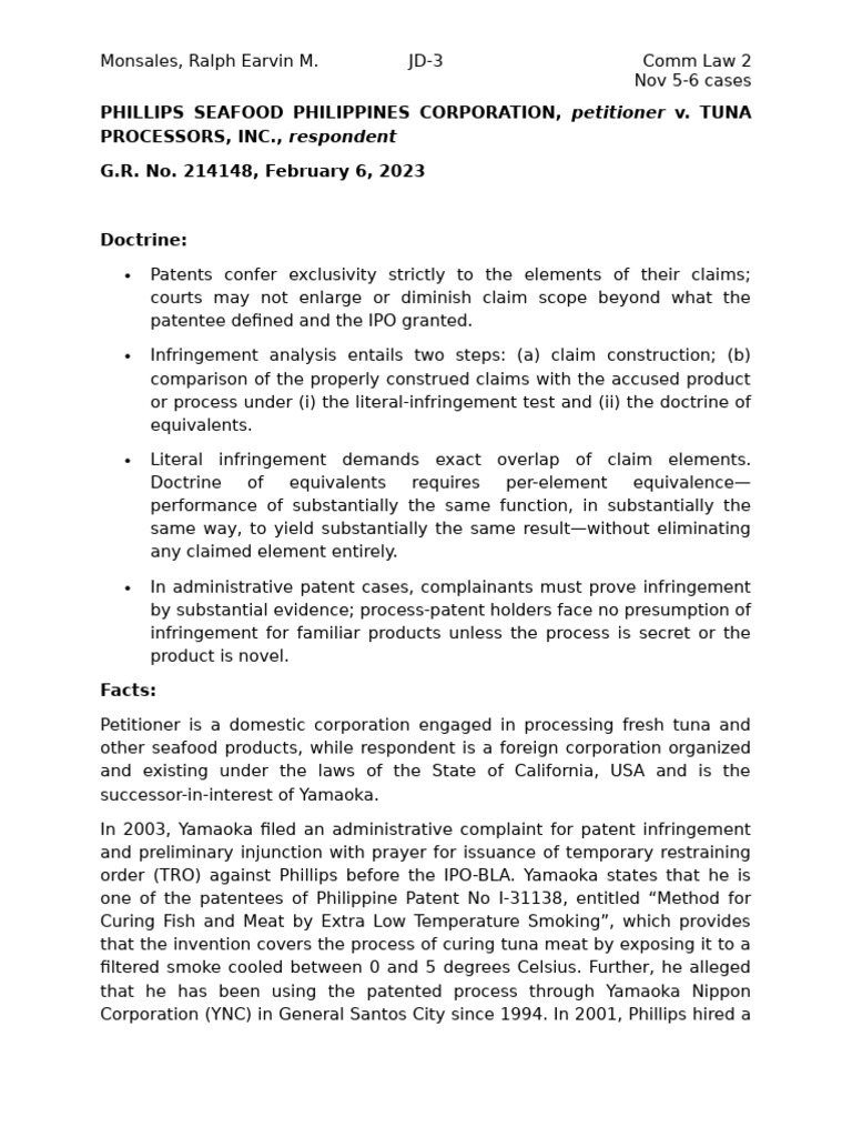 2-13-Phillips Seafood v Tuna Processors_REMMonsales | PDF | Patent ...