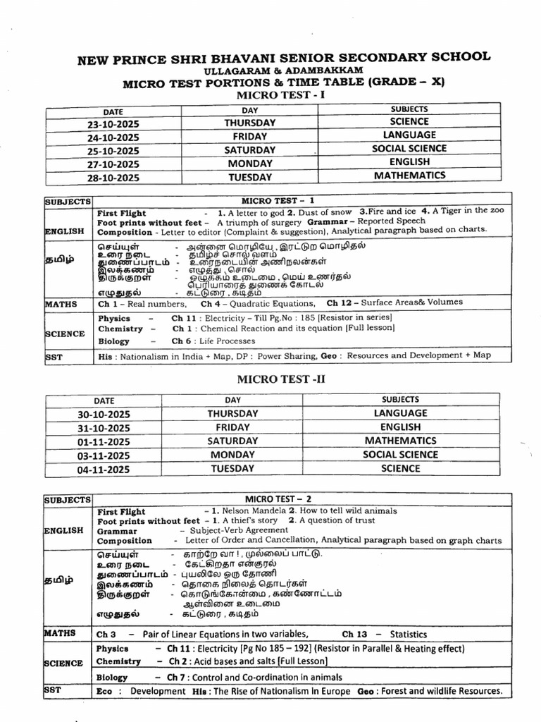 Micro Tests 1-6 Timetable and Portions | PDF