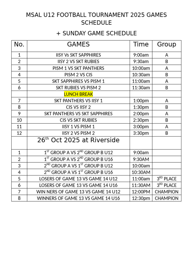Msal Football Tournament 2025 Games Schedule | PDF