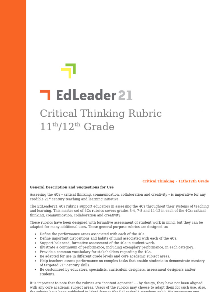 11th/12th Grade Critical Thinking Rubric | PDF | Critical Thinking ...