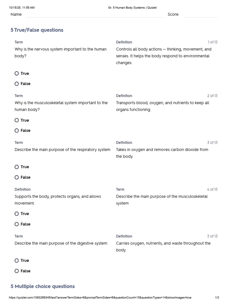 Gr. 5 Human Body Systems _ Quizlet | PDF | Human Body | Organ (Anatomy)