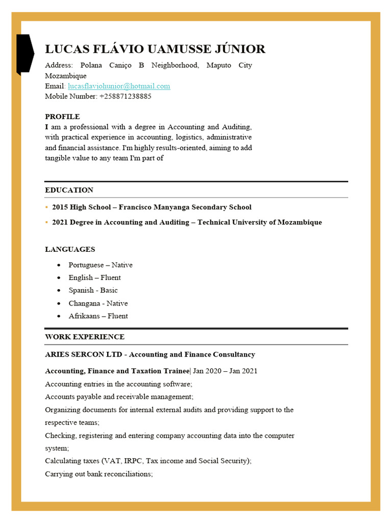 Eng CV LUCAS FLAVIO UAMUSSE JUNIOR CURRICULUM VITAE' Com Você | PDF ...