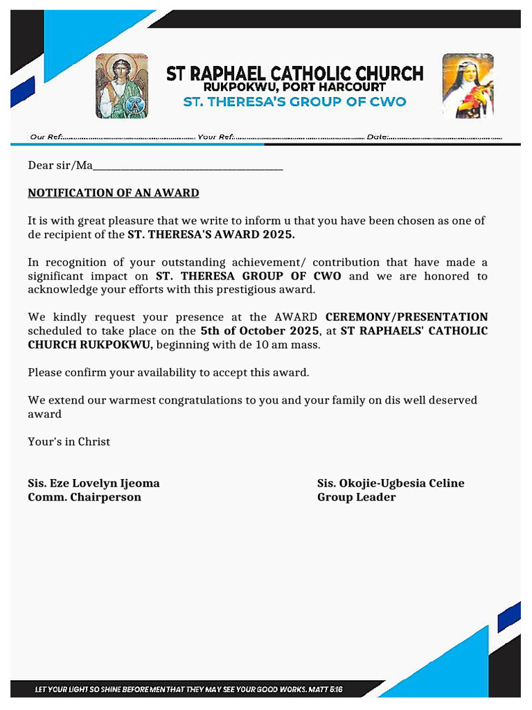 St. Theresa's Award 2025 Notification | PDF