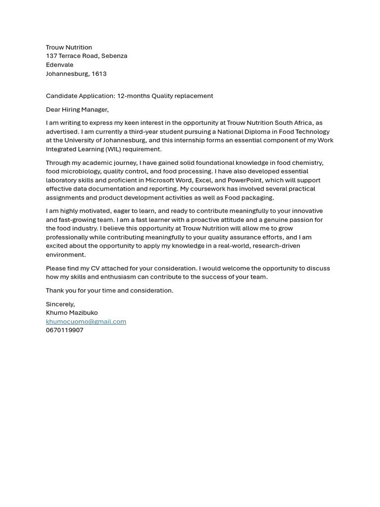 Trouw Nutrition Cover Letter | PDF