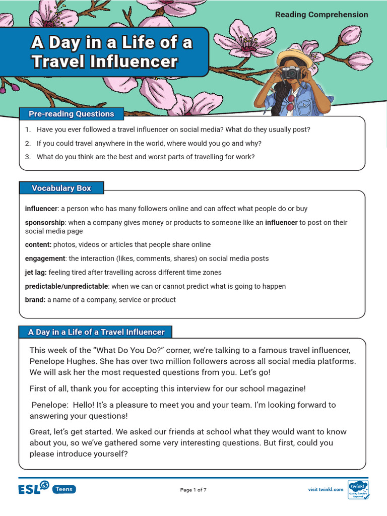A Day in The Life of A Travel Influencer Reading Comrpehension | PDF ...