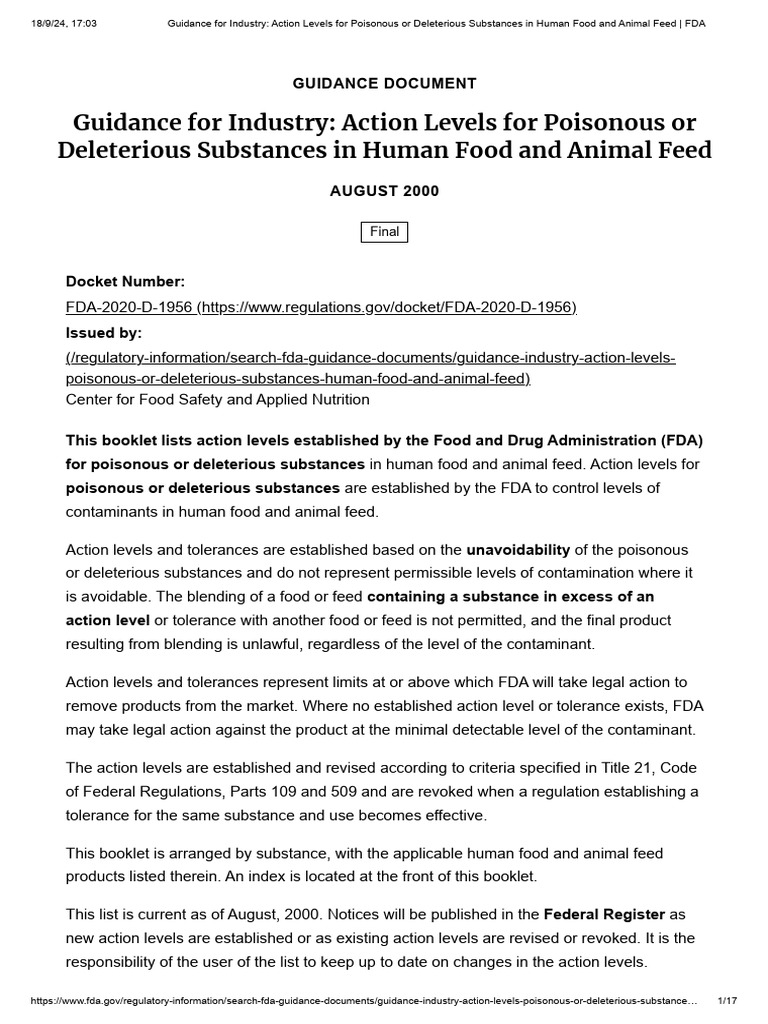 Guidance For Industry - Action Levels For Poisonous or Deleterious ...