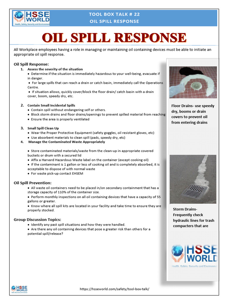 Safety Tool Box Talk 22 Oil Spill Response Oil Spill Response | PDF ...