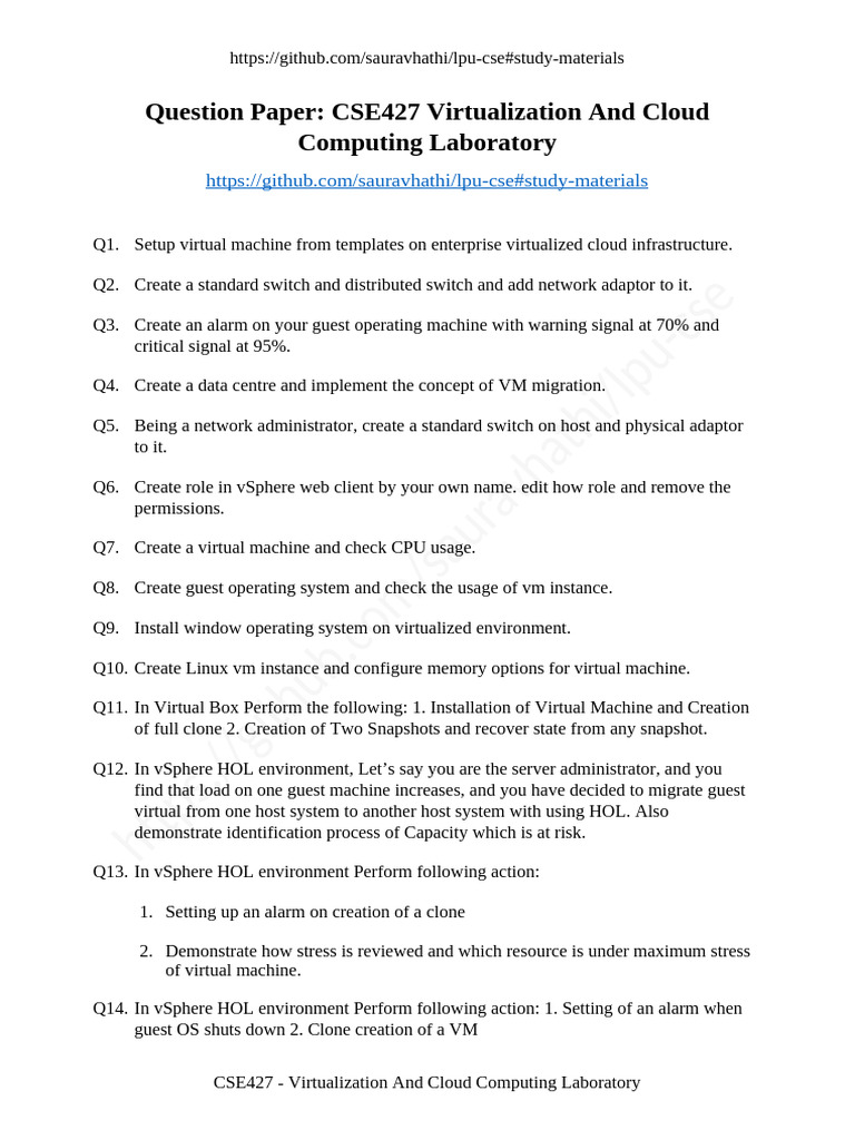 Question Paper - Cse427 Virtualization and Cloud Computing Laboratory | PDF | Virtual Machine ...