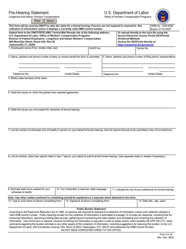 LS-18 Pre-Hearing Statement Form | PDF