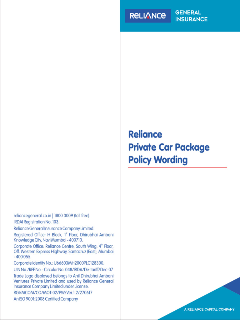 Private Car Comprehensive Policy Wording - Reliance | PDF | Indemnity ...