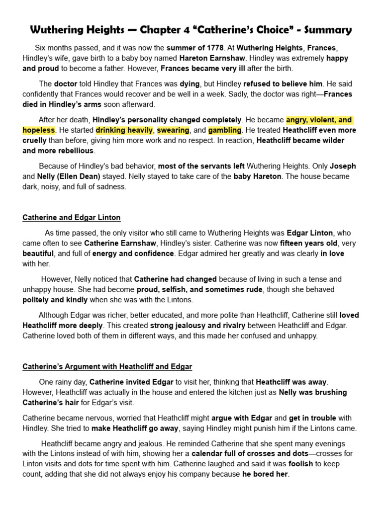 Wuthering Heights - Chapter 4 - Summary | PDF | Heathcliff (Wuthering ...