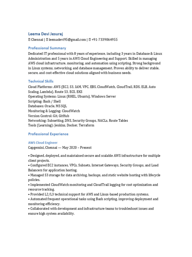 Leema Devi 8 Years Exp AWS Cloud Engineer Resume | PDF | Cloud Computing | Amazon Web Services