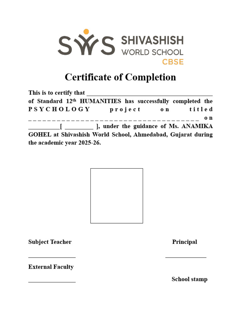 Psychology Project Completion Certificate | PDF