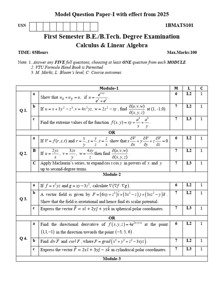 1BMATS101 (1) | PDF | Linear Subspace | Eigenvalues And Eigenvectors