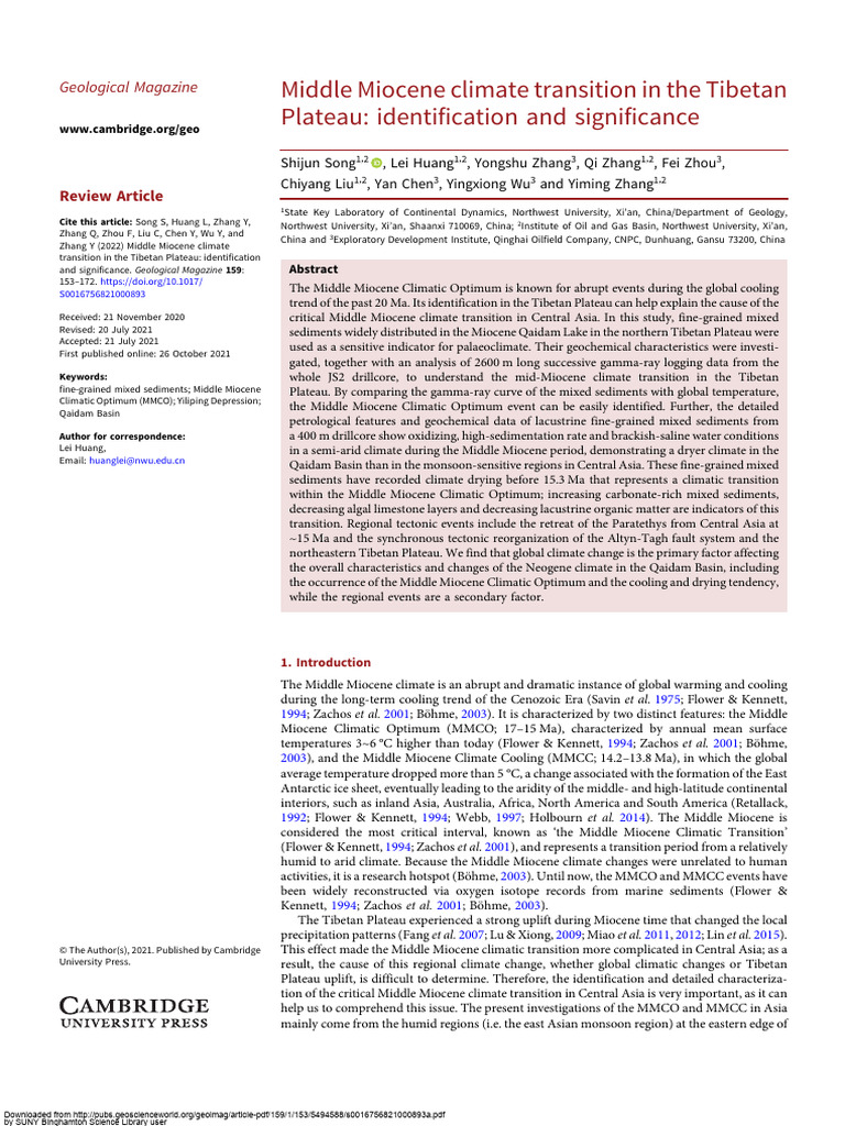 Middle Miocene Climate Transition in the Tibetan Plateau | PDF ...