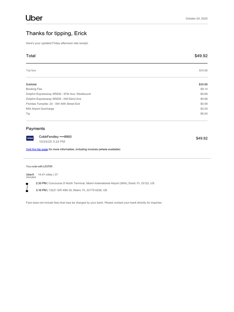 Uber Ride Receipt for Miami Trip | PDF