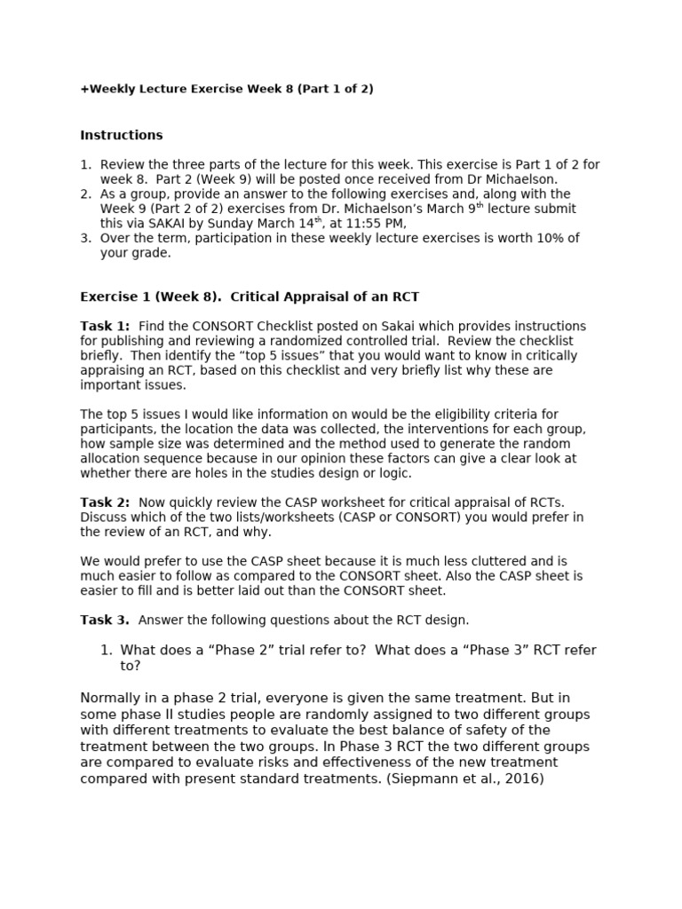Completed Lecture Exercises Weeks 8-9 (2) | PDF | Randomized Controlled Trial | Medicine
