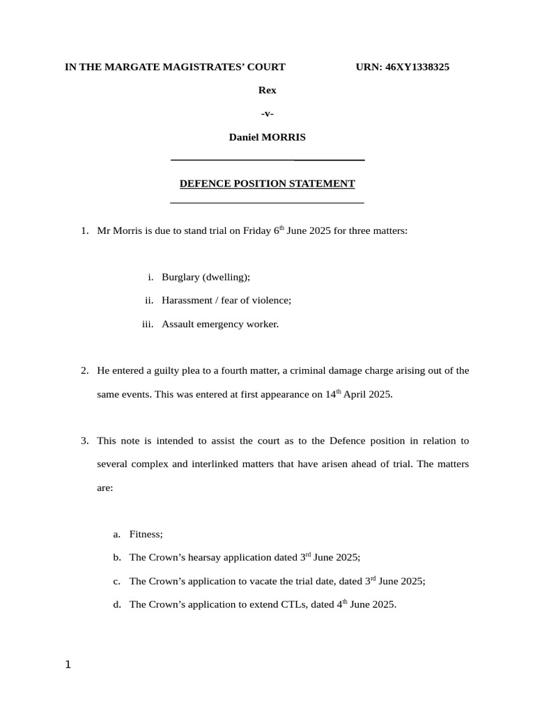 Defence Statement for Daniel Morris Trial | PDF | Hearsay | Prosecutor